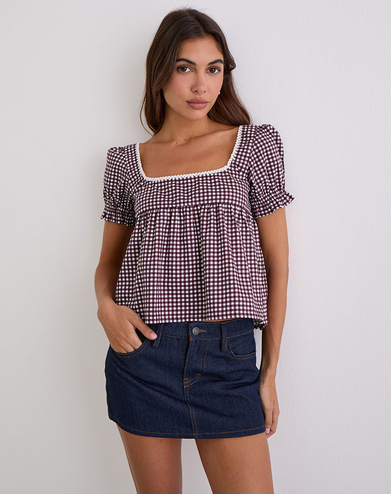 Wine Red Gingham Puff Sleeve Blouse | Axoni – motelrocks-com-aus