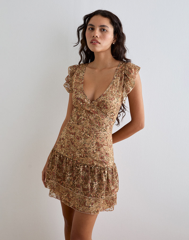 Brown Cluster Floral Wrap Mini Dress | Lotri – motelrocks-com-aus