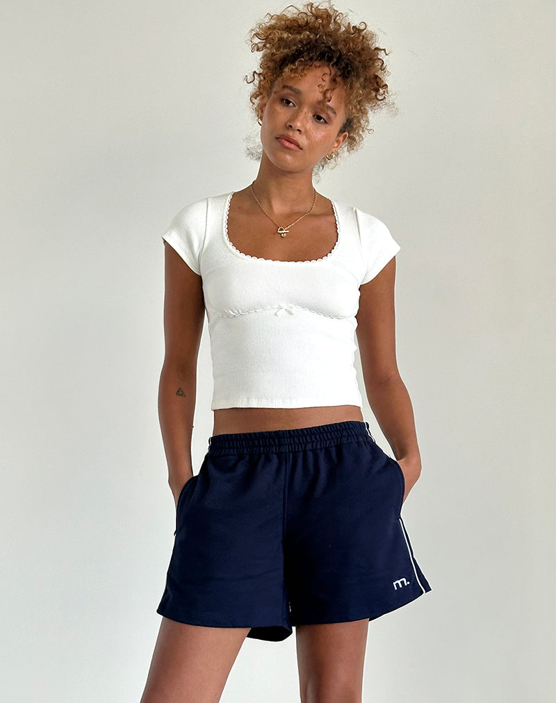 Navy with White Piping with M Emb Shorts | Thera – motelrocks-com-aus