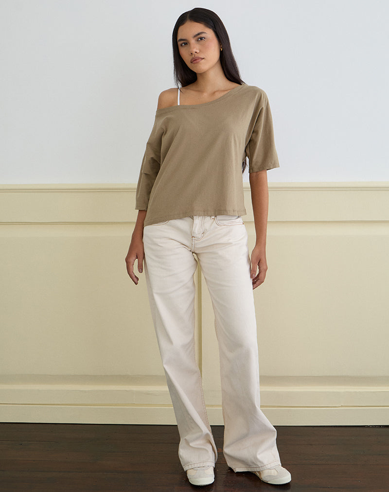 Khaki Jersey Off The Shoulder Short Sleeve Slouchy Tee | Daimin ...