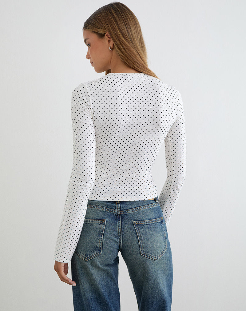 White with Micro Polka Black Print Long Sleeve Top | Delano ...