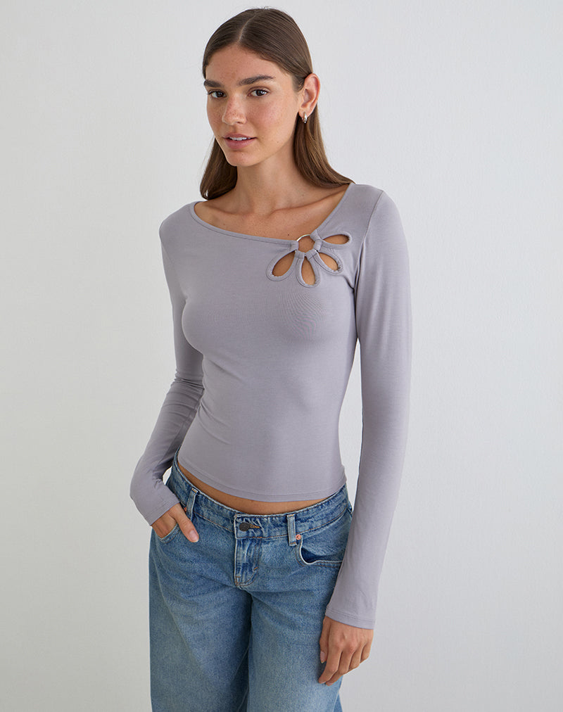 Lilac Grey Long Sleeve Top with Flower Ring | Donela – motelrocks-com-aus