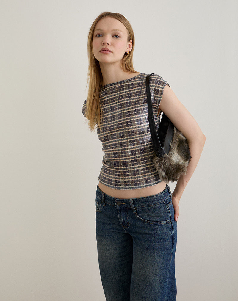Brown Vintage Check Sequin Open Back Top | Erica – motelrocks-com-aus