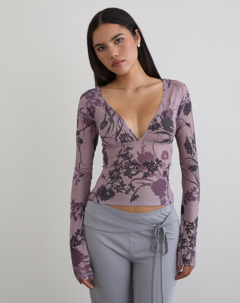 Purple Shadow Flower Flock Mesh Long Sleeve Plunge Top | Jaydra ...