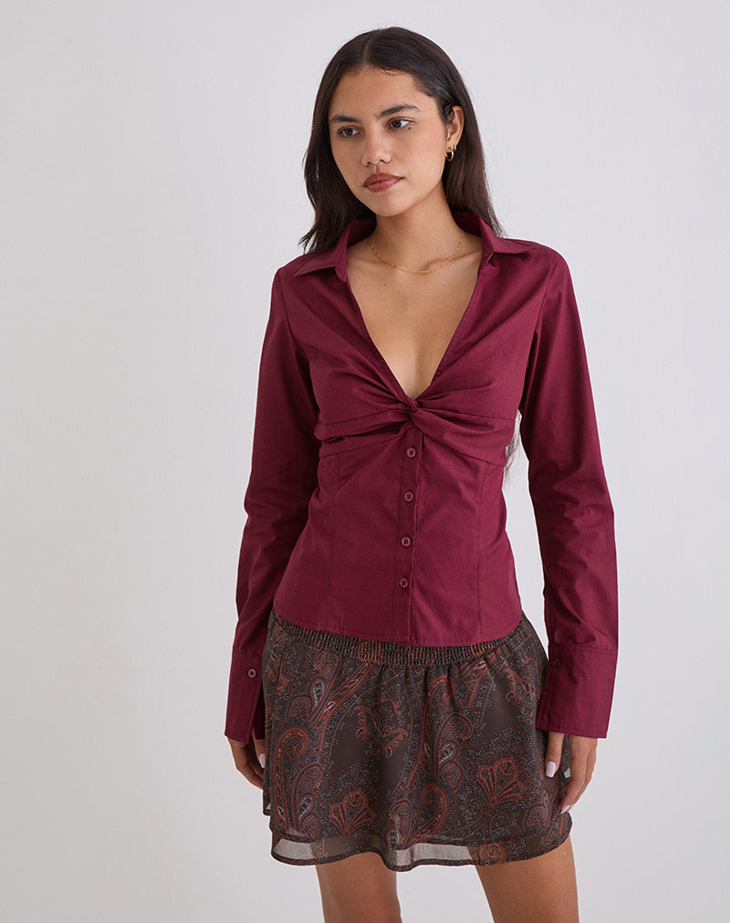 Burgundy Red Plunge Long Sleeve Shirt | Karis – motelrocks-com-aus