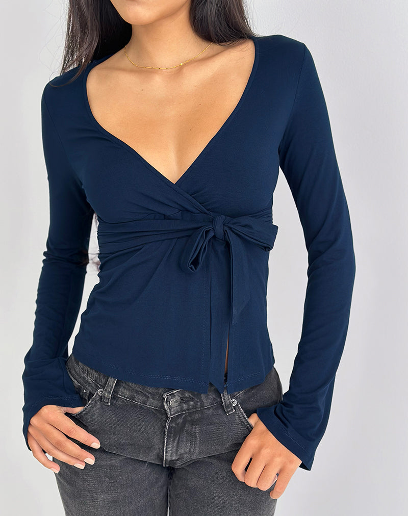 Navy Blue Wrap Plunge Long Sleeve Top | Lamae – motelrocks-com-aus