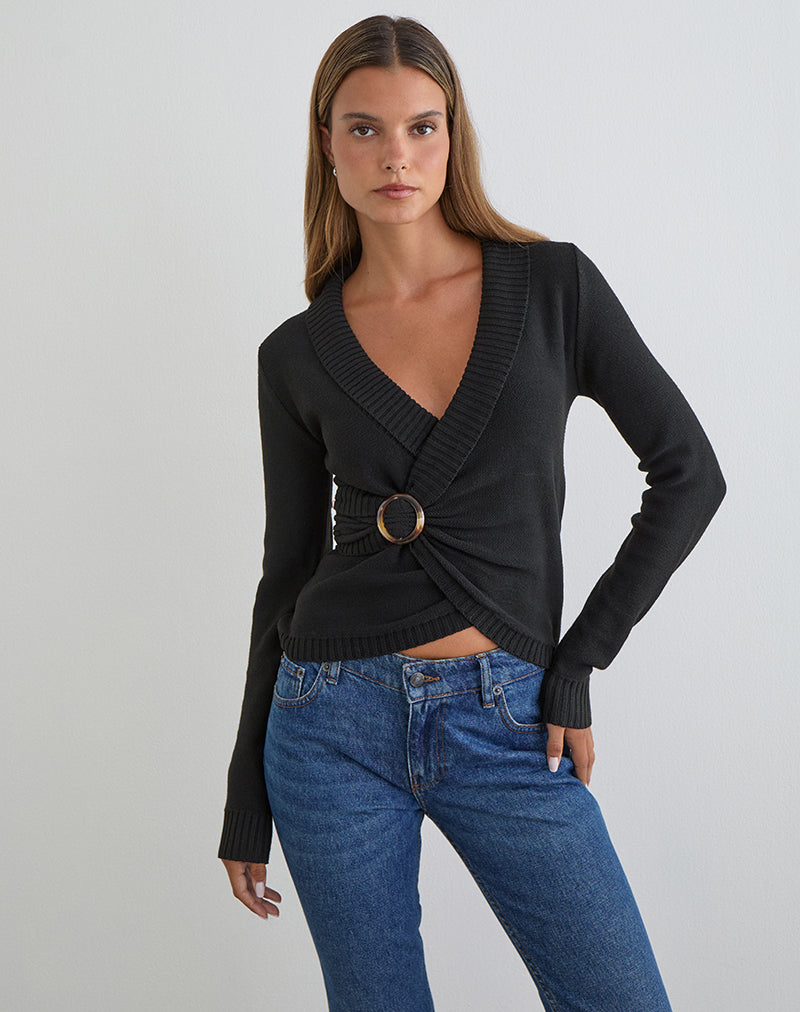 Black Knit Long Sleeve V Neck Wrap Top | Minara – motelrocks-com-aus