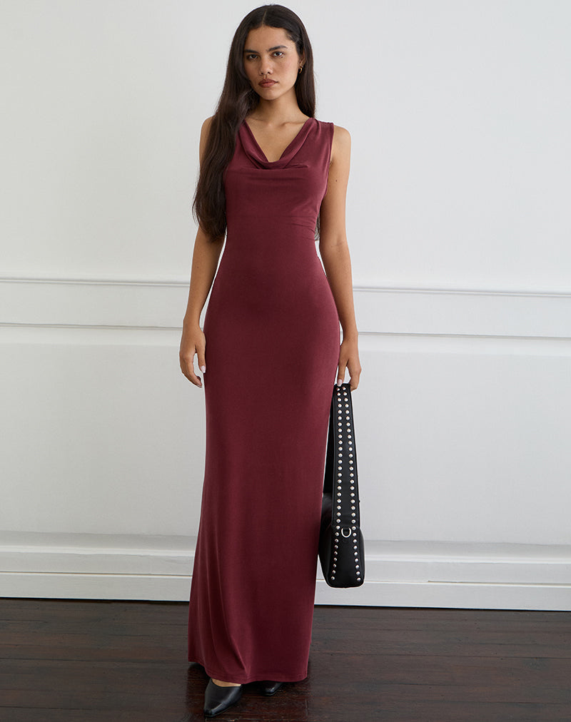 Burgundy Cupro Maxi Cowl Neck Dress | Namra – motelrocks-com-aus