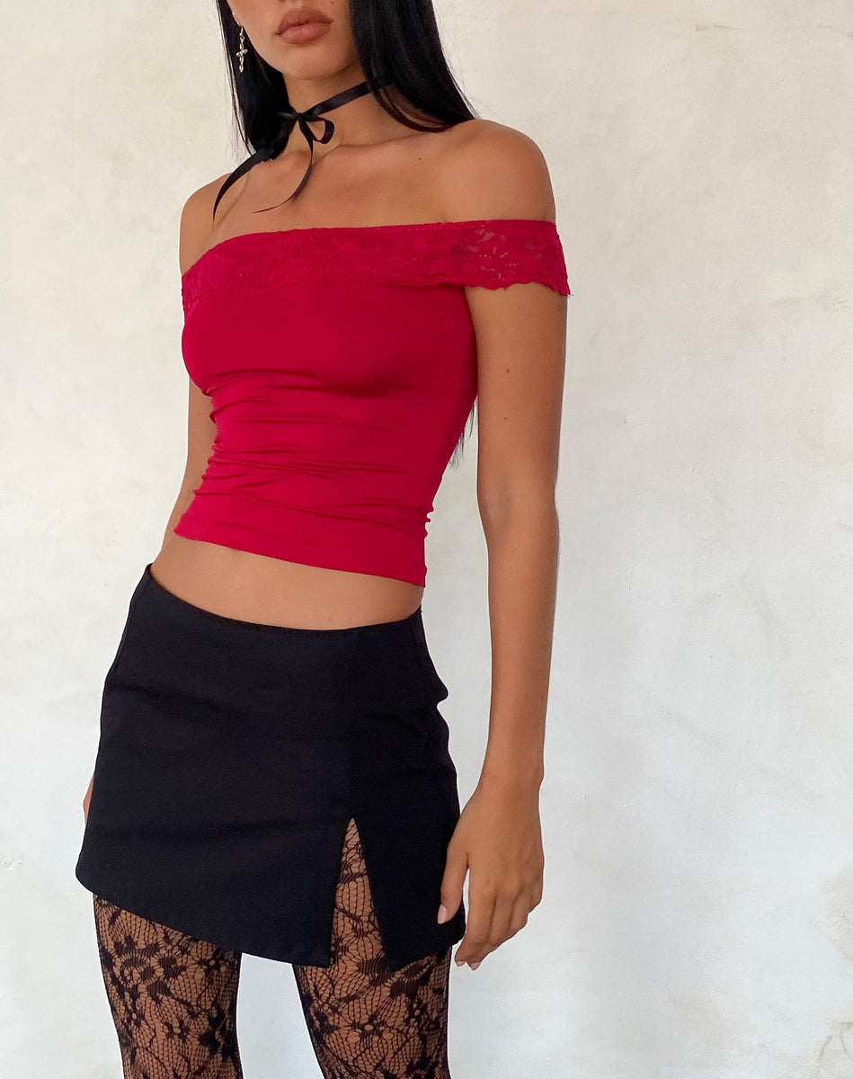 Slinky Lace Red Bardot Top | Nesel – motelrocks-com-aus