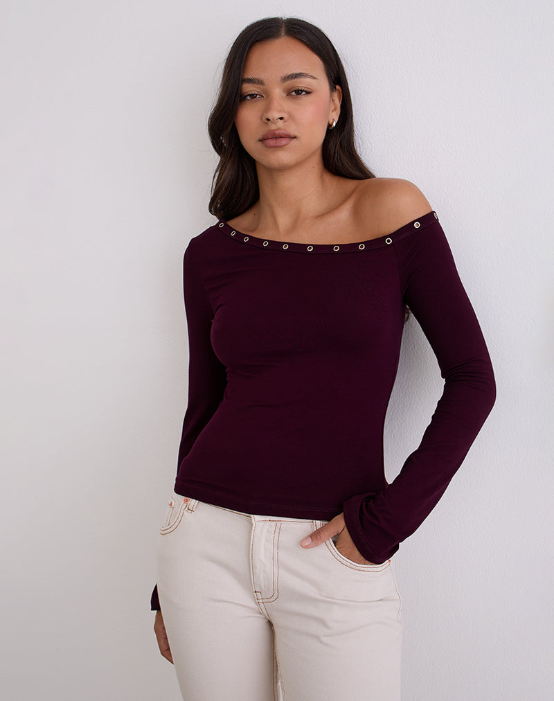 Red One Shoulder Eyelet Long Sleeve Top | Noraba – motelrocks-com-aus