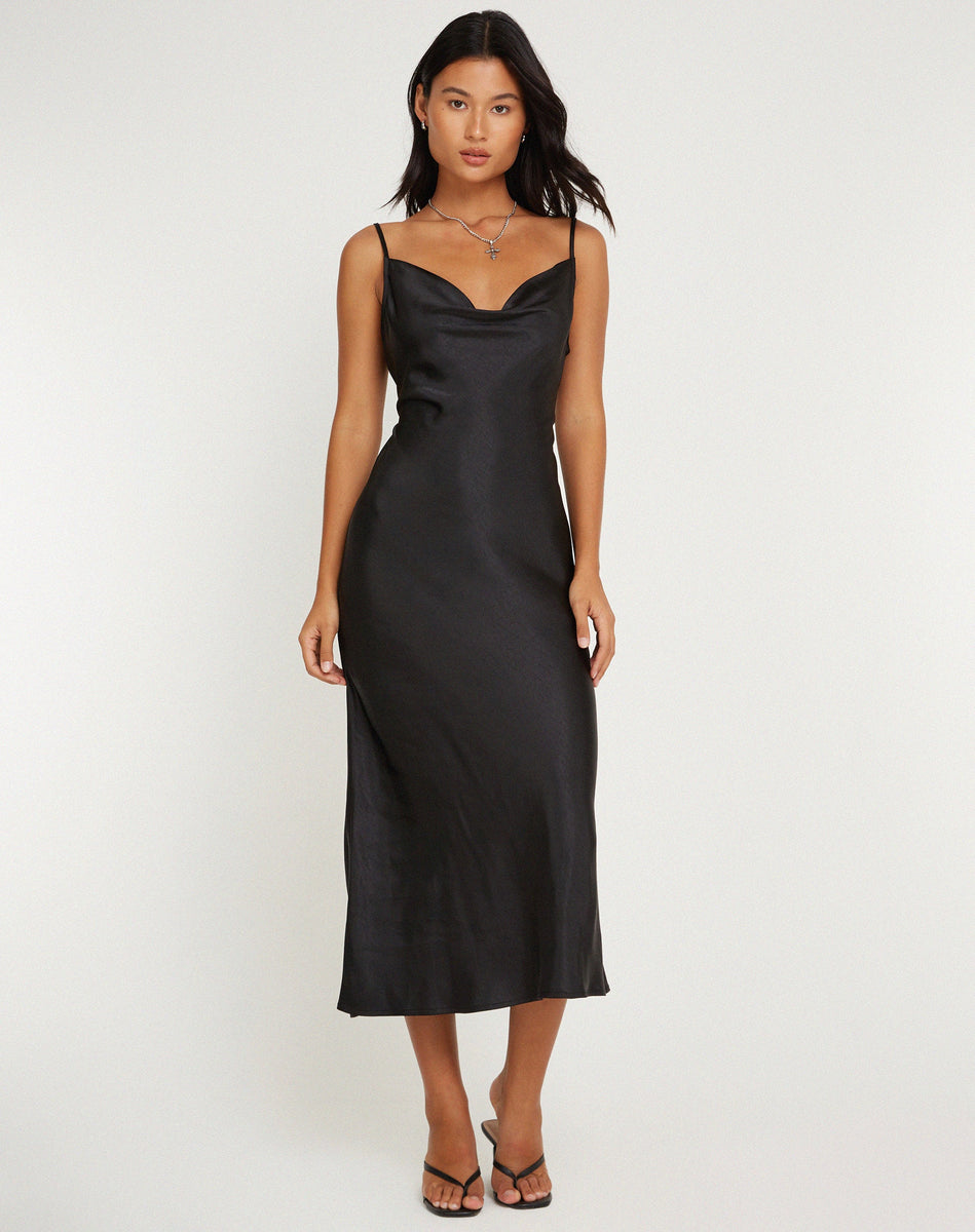 Satin Black Midi Dress | Palasha – motelrocks-com-aus