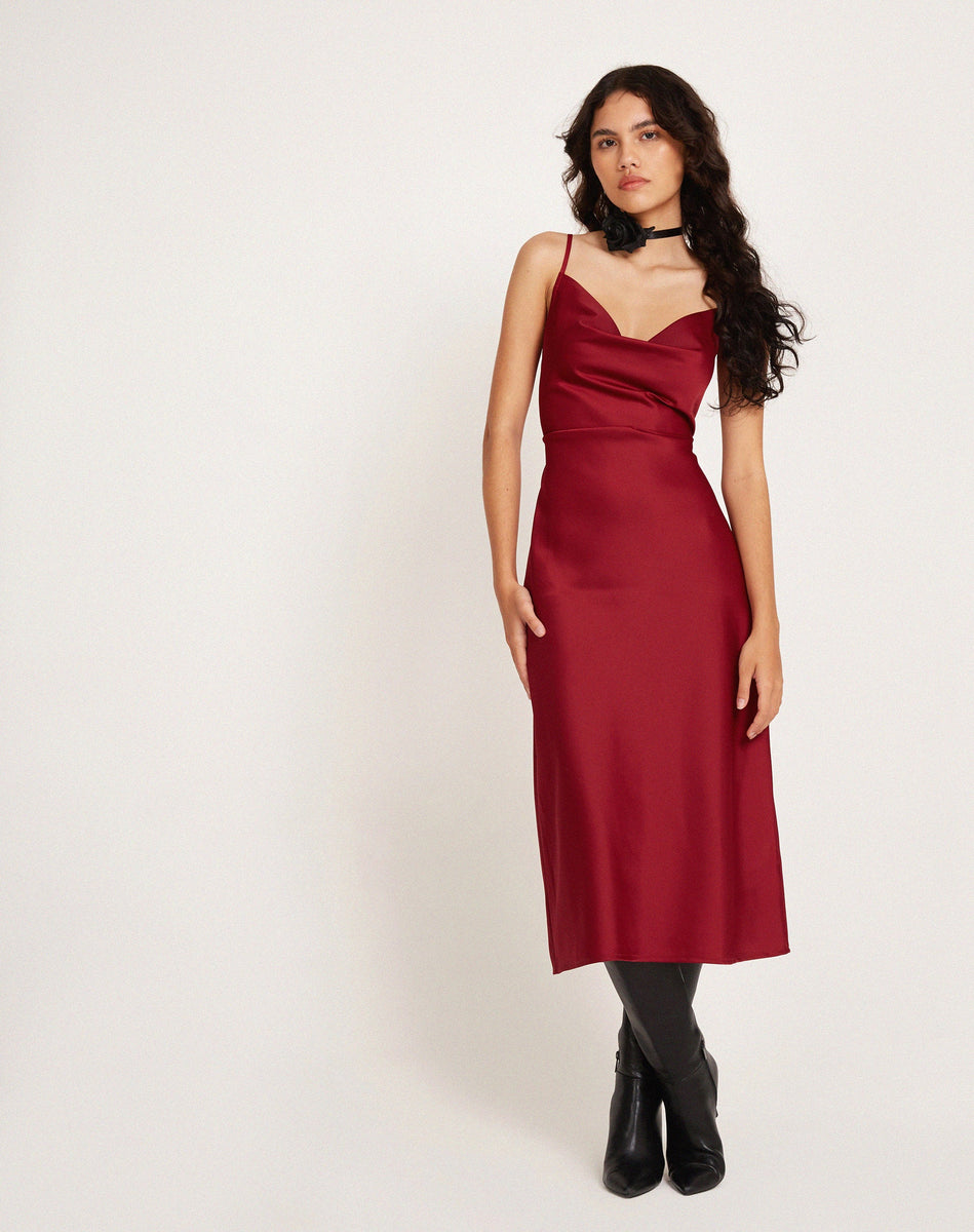 Satin Red Cowl Neck Midi Dress | Palasha – motelrocks-com-aus