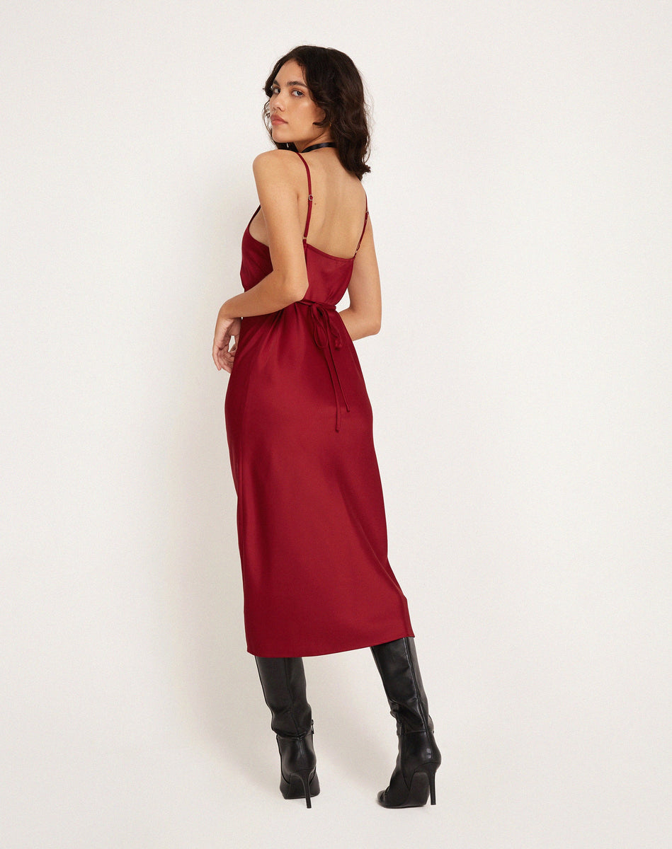 Satin Red Cowl Neck Midi Dress | Palasha – motelrocks-com-aus