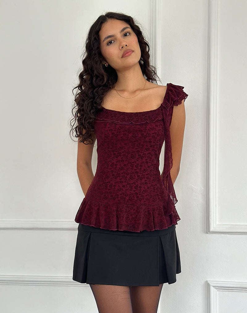 Red Maroon Burnt Flocked Ditsy Floral Top | Piroli – motelrocks-com-aus