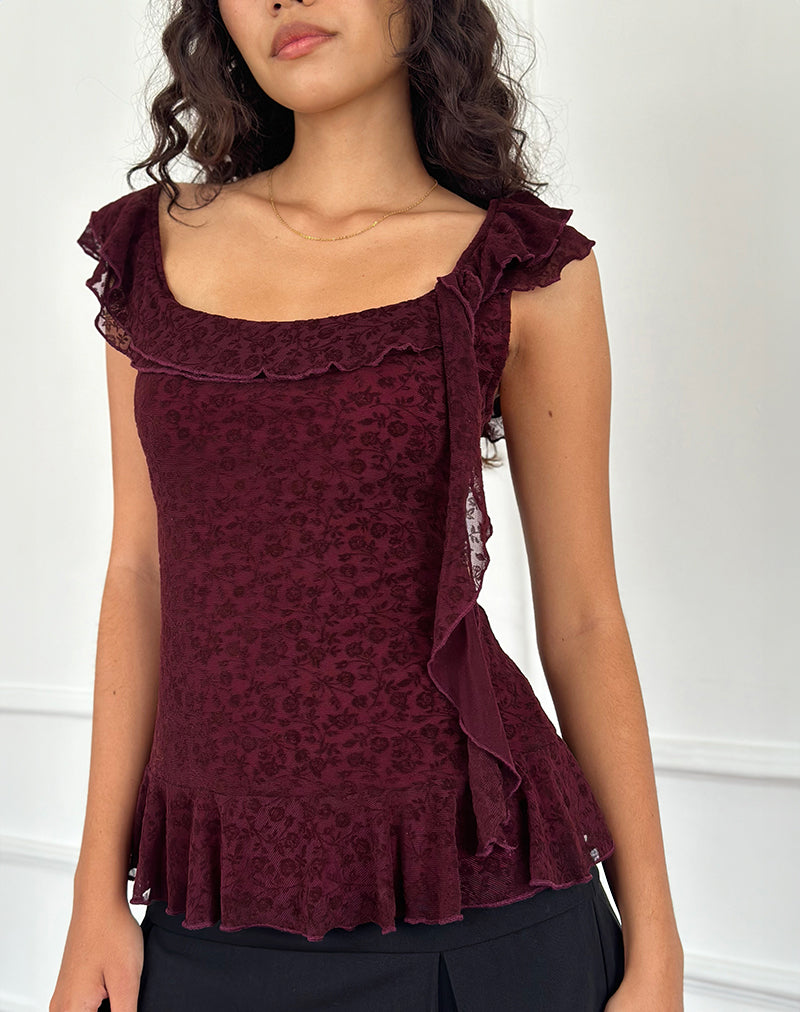 Red Maroon Burnt Flocked Ditsy Floral Top | Piroli – motelrocks-com-aus