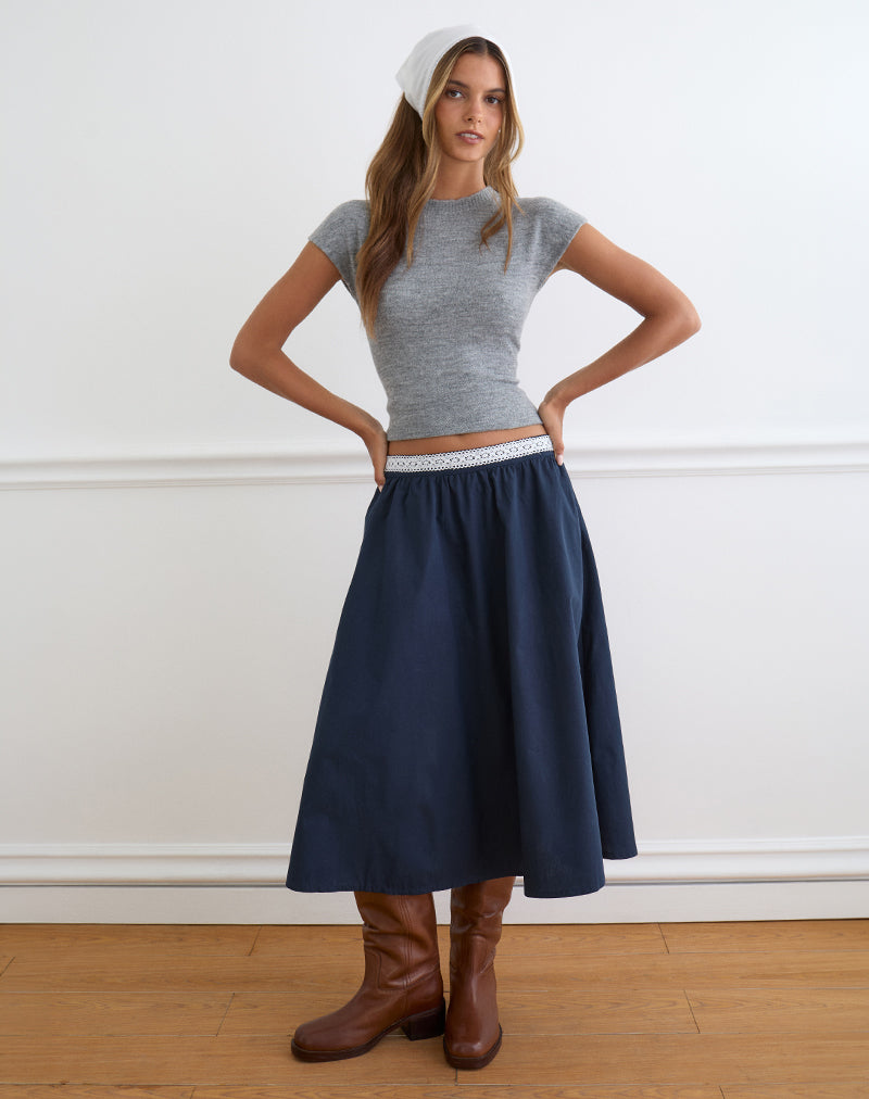 Dark Navy Poplin Loose Fit with Lace Trim Midi Skirt | Takira ...