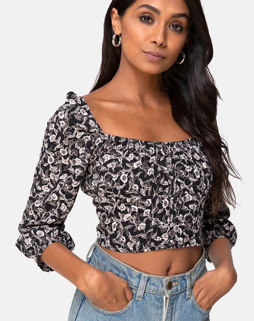 Floral Sleeved Crop Top | Dimen – motelrocks-com-aus
