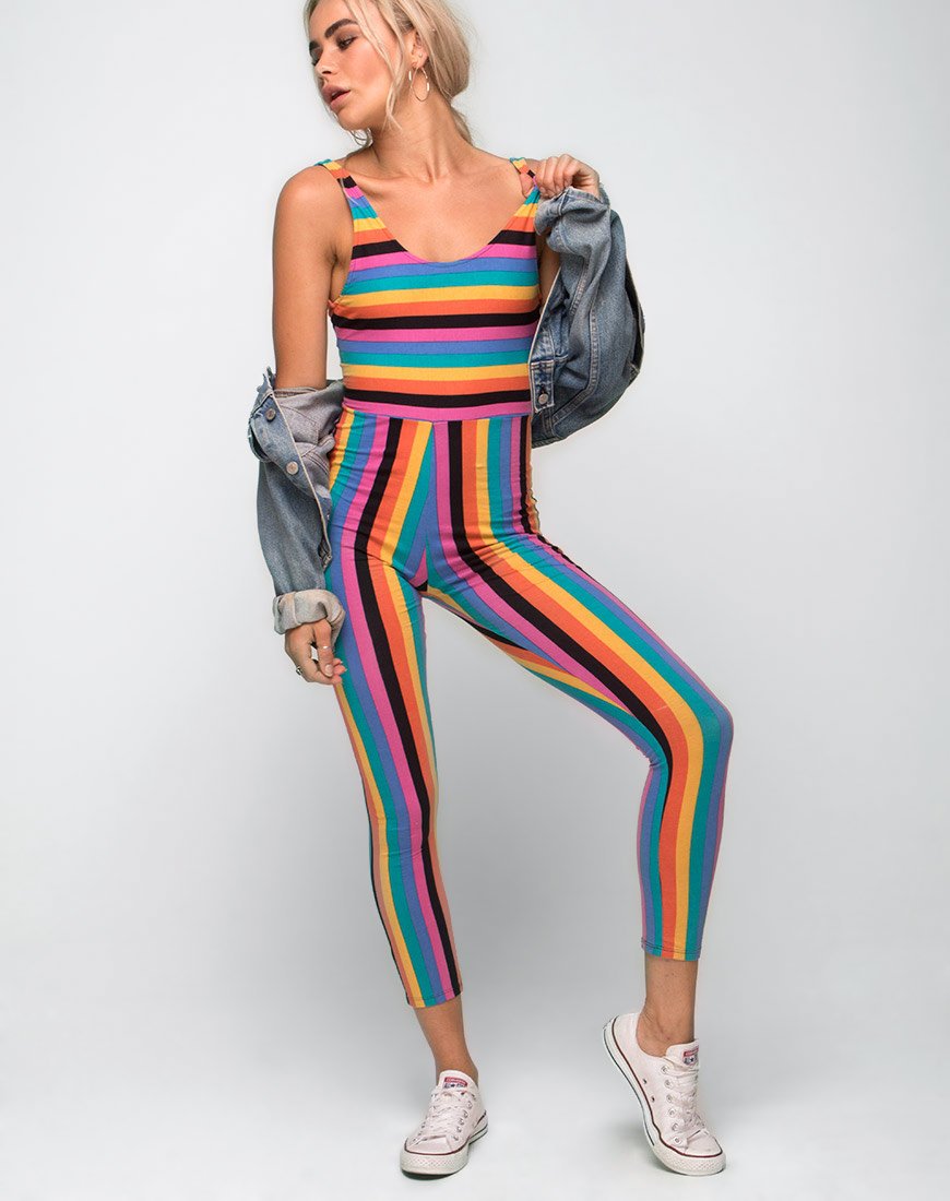 Bodycon Rainbow Vertical Stripe Plunge Back Unitard | Unitard - Motel ...